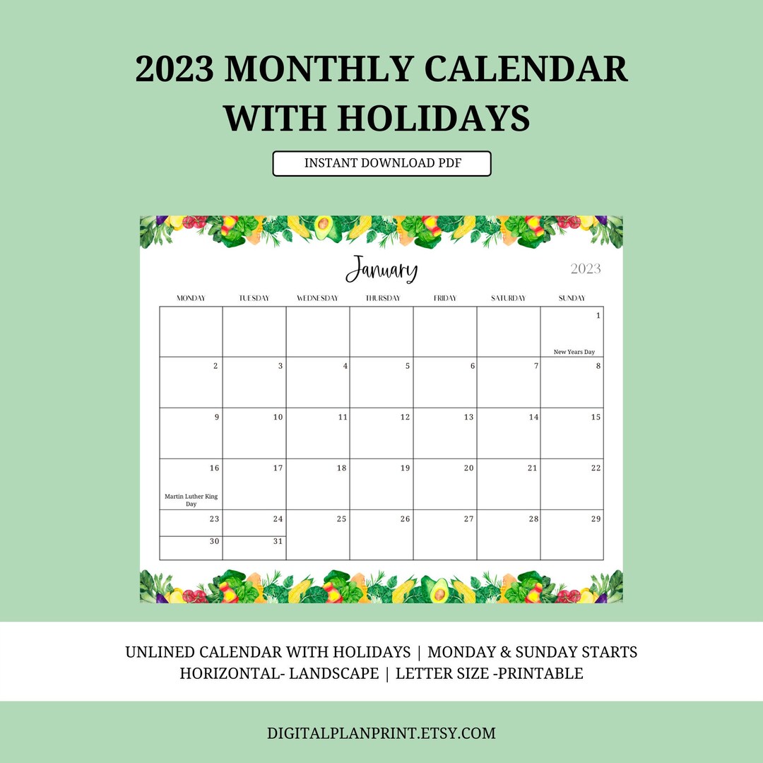 2023 Monthly Calendar With Holidays,printable,vegetables Garden Pattern ...