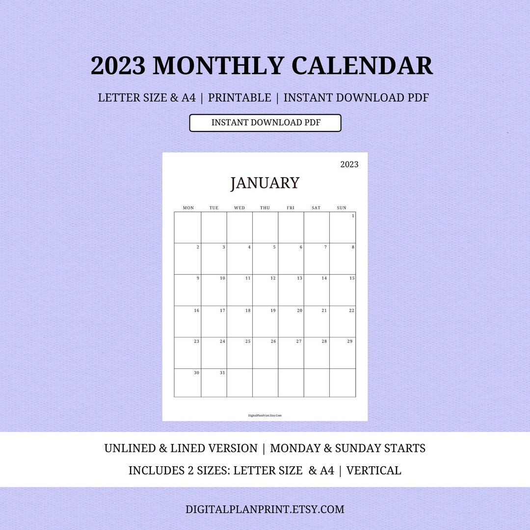 2023 Monthly Calendar, Printable ,minimalist Black Style,pdf, Letter ...