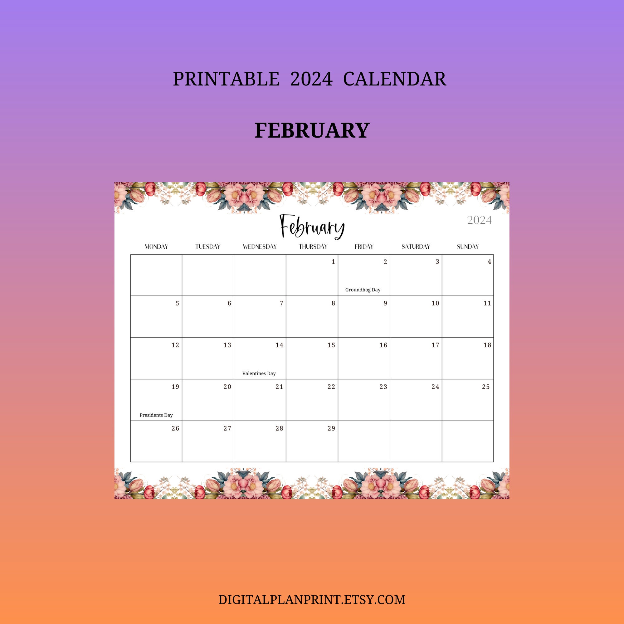 2024 Monthly Calendar With Holidays,printable,floral Design,pdf ...