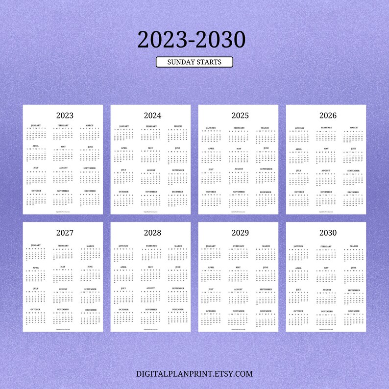 2023-2030 Year Calendars Printable, Yearly Calendar,black,one Page ...