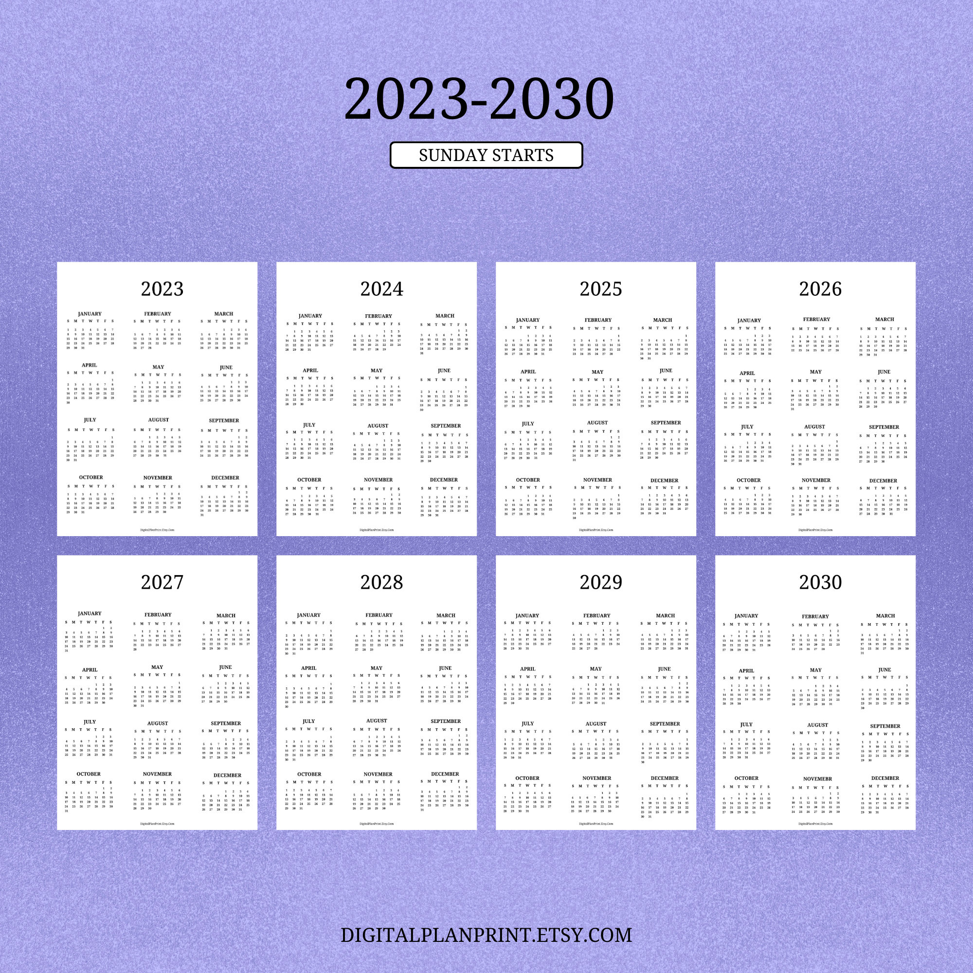 2023-2030 Year Calendars Printable, Yearly Calendar,black,one Page ...