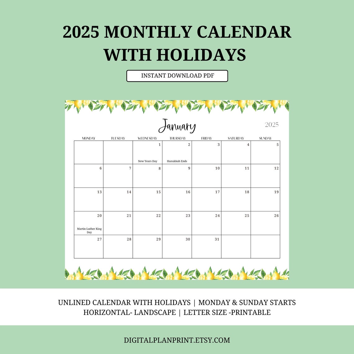 2025 Monthly Calendar With Holidays,printable,lemon Print Design,pdf ...