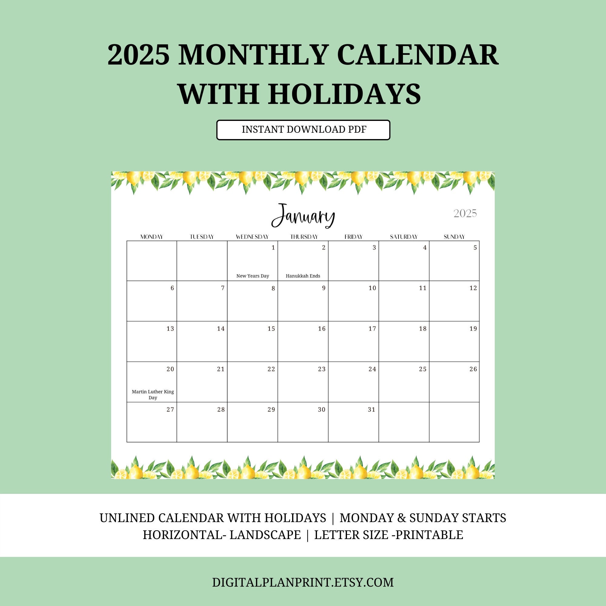 2025 Monthly Calendar With Holidays,printable,lemon Print Design,pdf ...