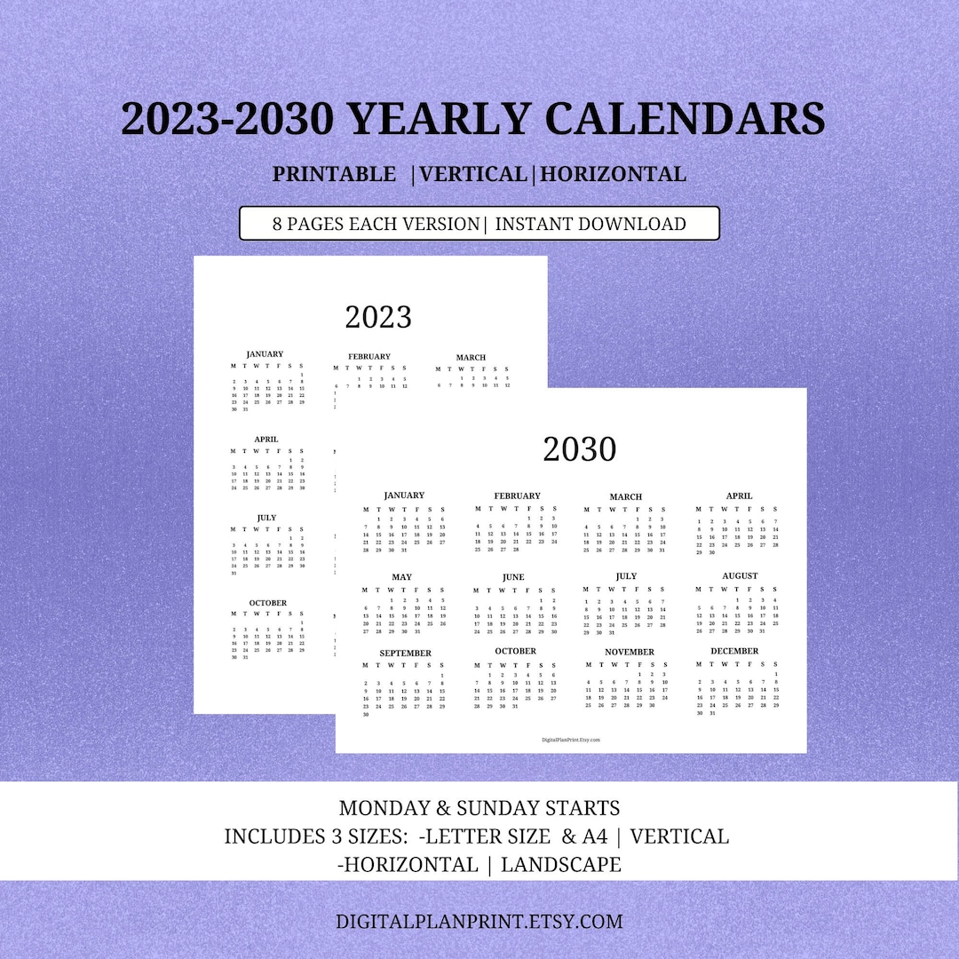 2023-2030 Year Calendars ,printable, Black Color, One Page Calendar ...
