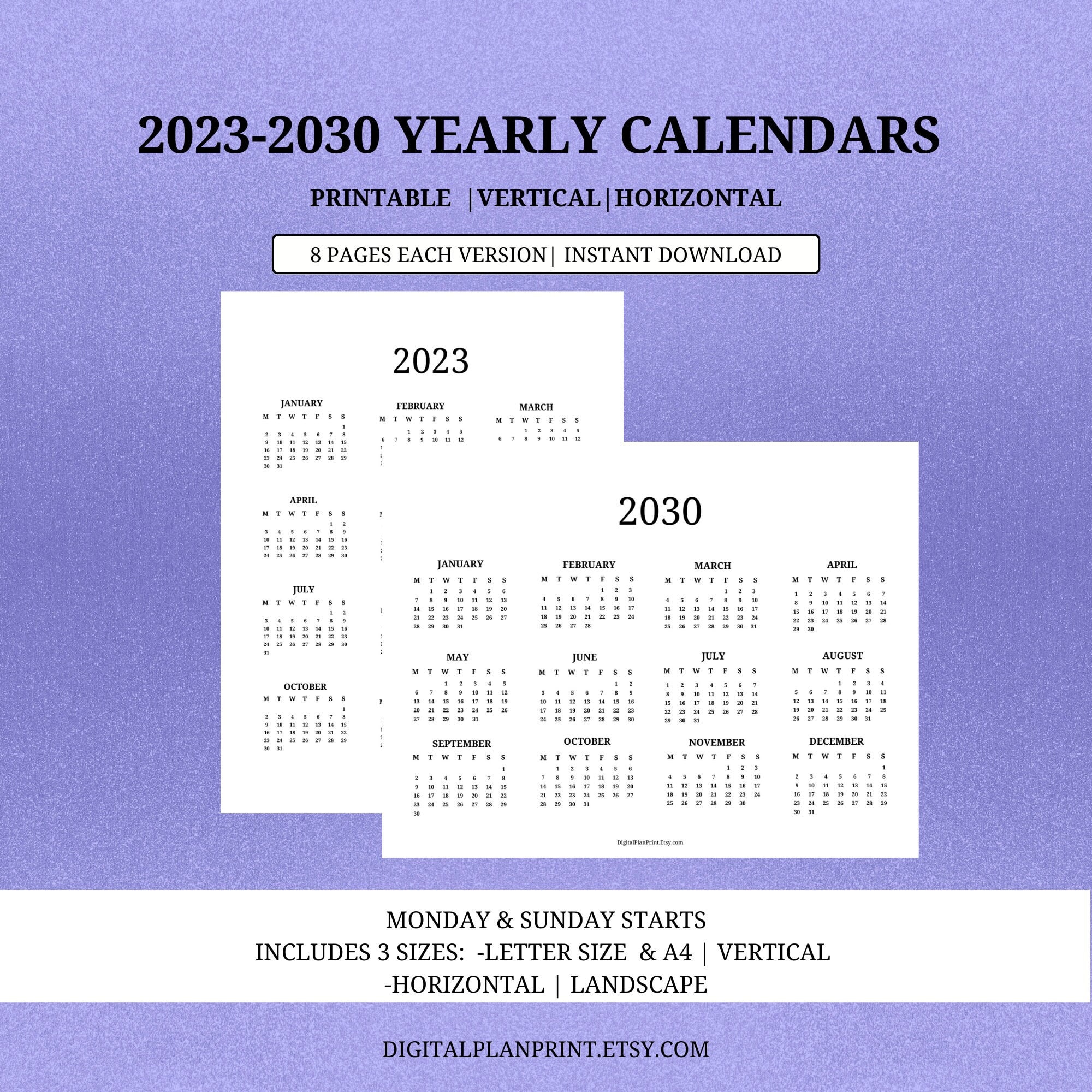 2023-2030 Year Calendars ,printable, Black Color, One Page Calendar ...