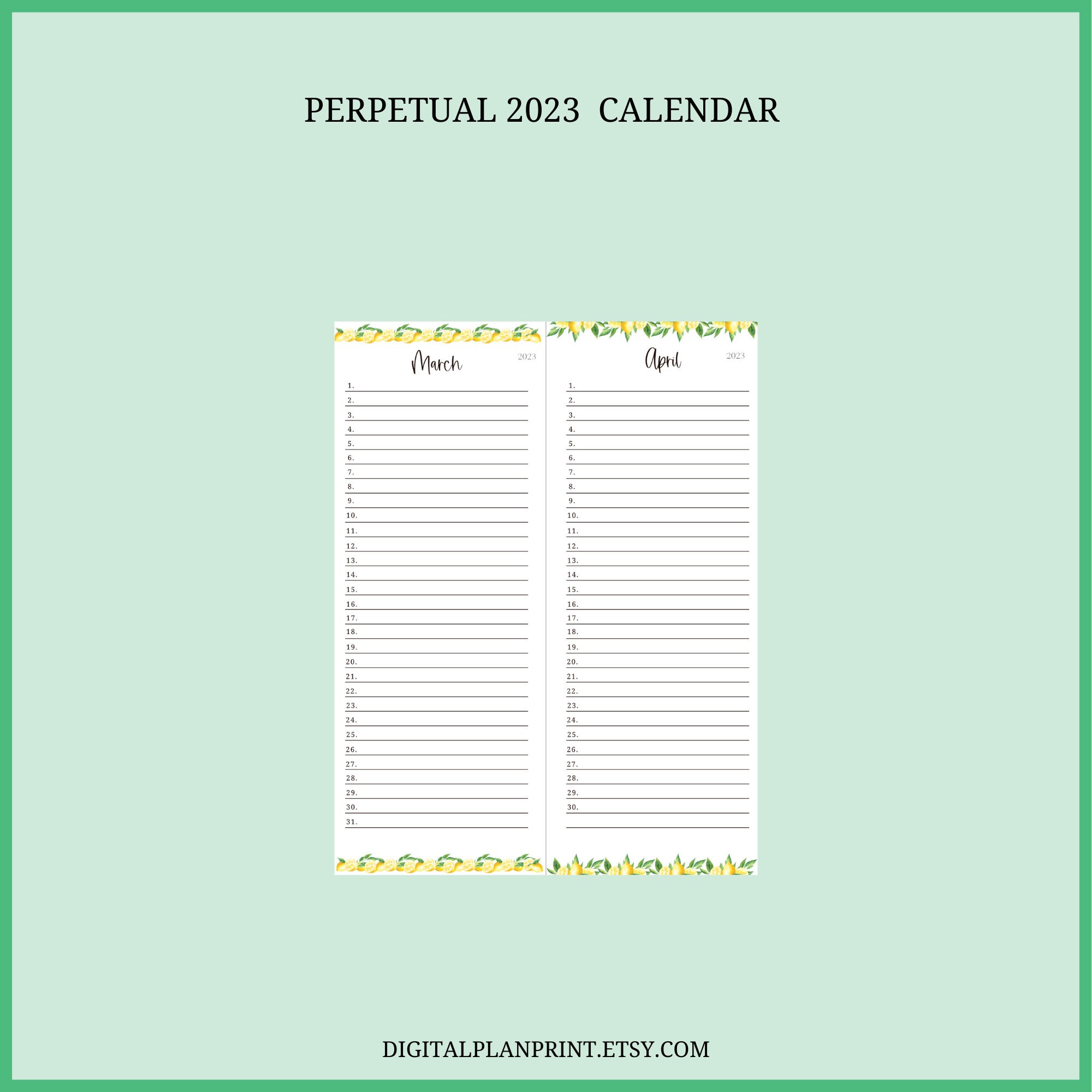 2023 Perpetual Calendar, Printable ,lemon Pattern Design ,PDF, Letter ...