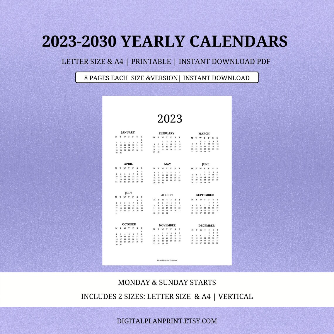 2023-2030 Year Calendars Printable, Yearly Calendar,black,one Page ...