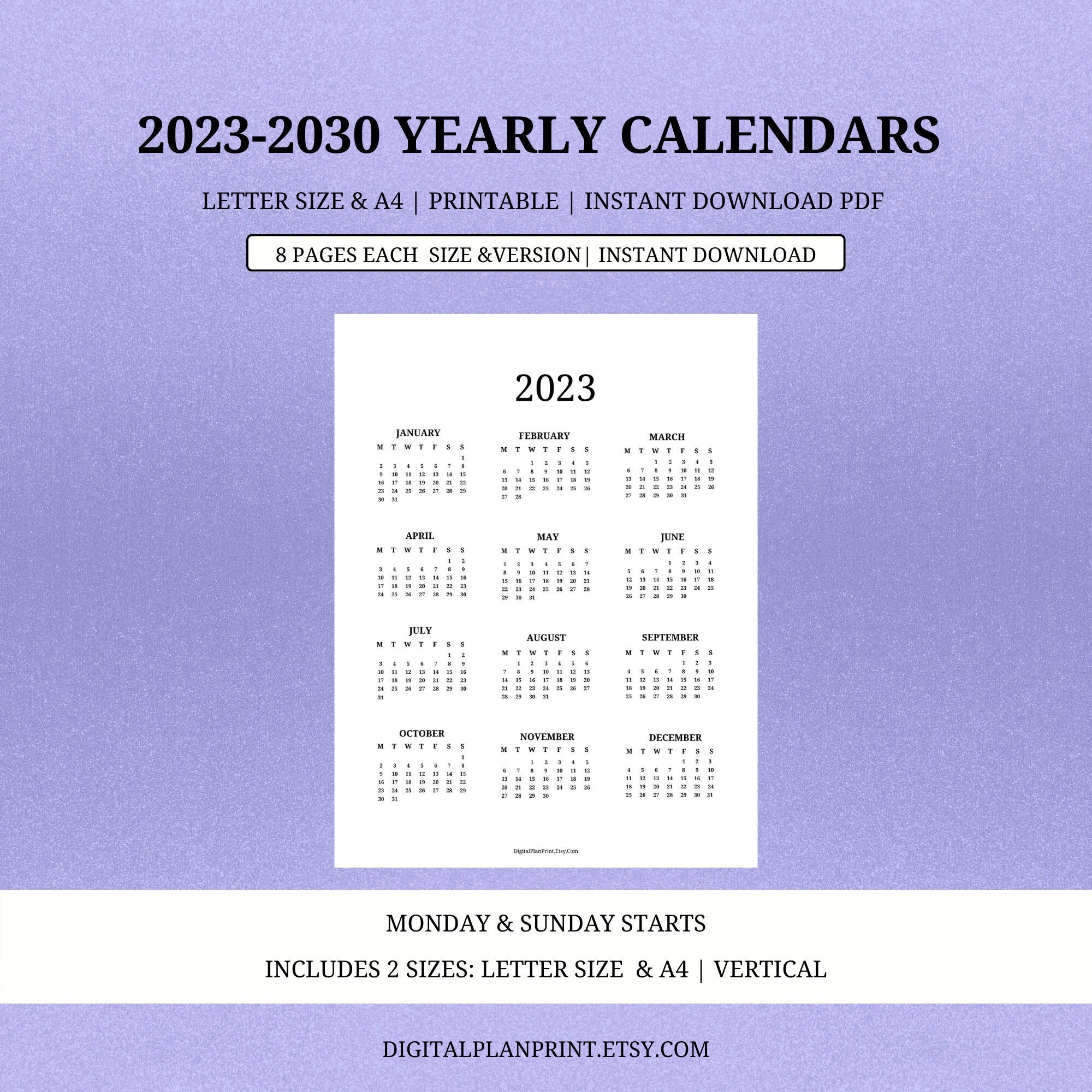 2023-2030 Year Calendars Printable, Yearly Calendar,black,one Page ...
