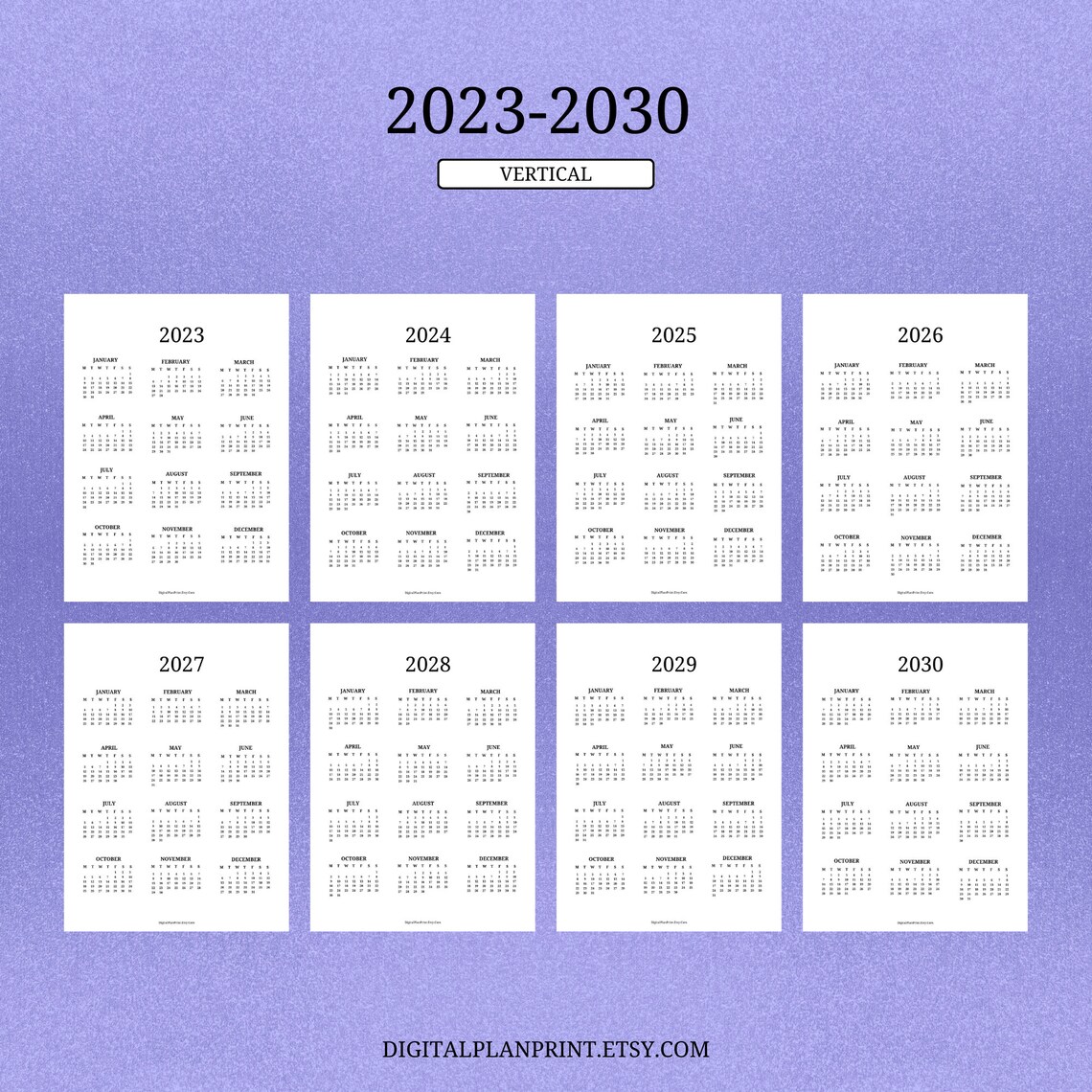 2023-2030 Year Calendars ,printable, Black Color, One Page Calendar ...