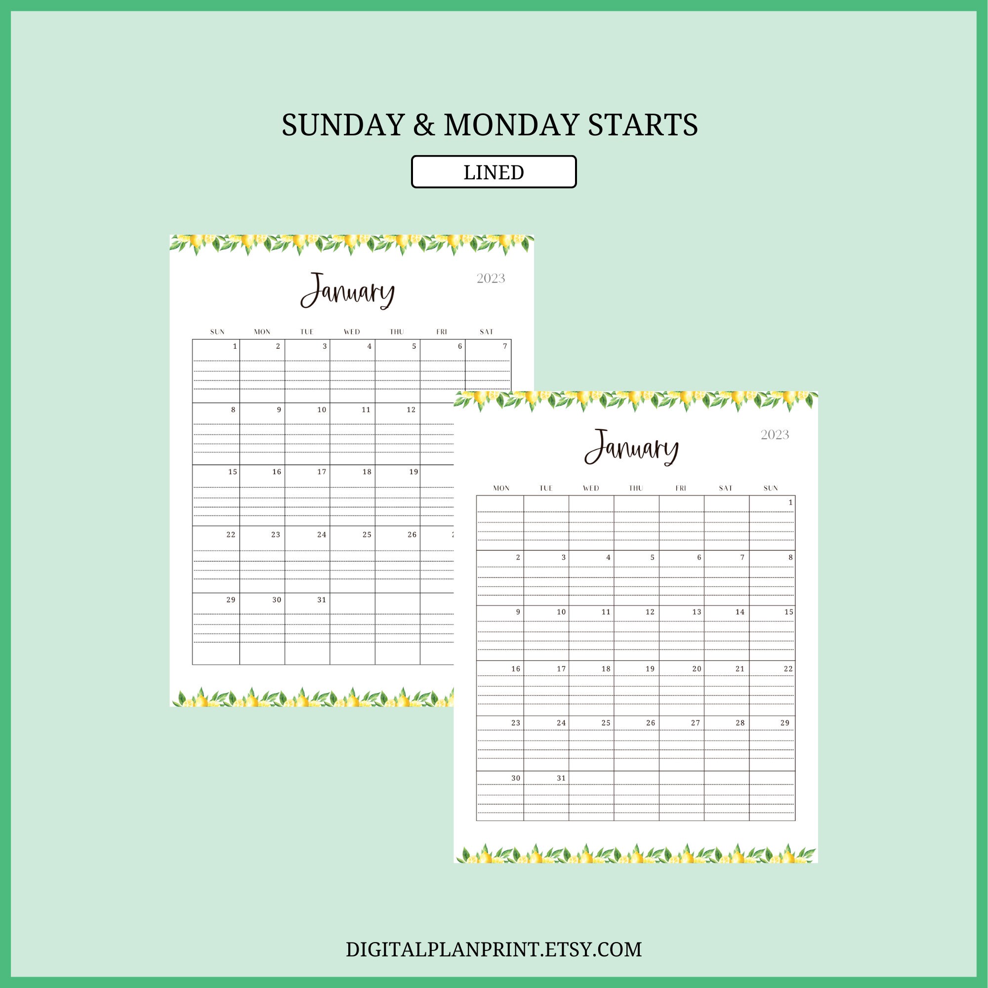 2023 Monthly Calendar, Printable , Lemon Pattern ,PDF, Letter Size /A4 ...