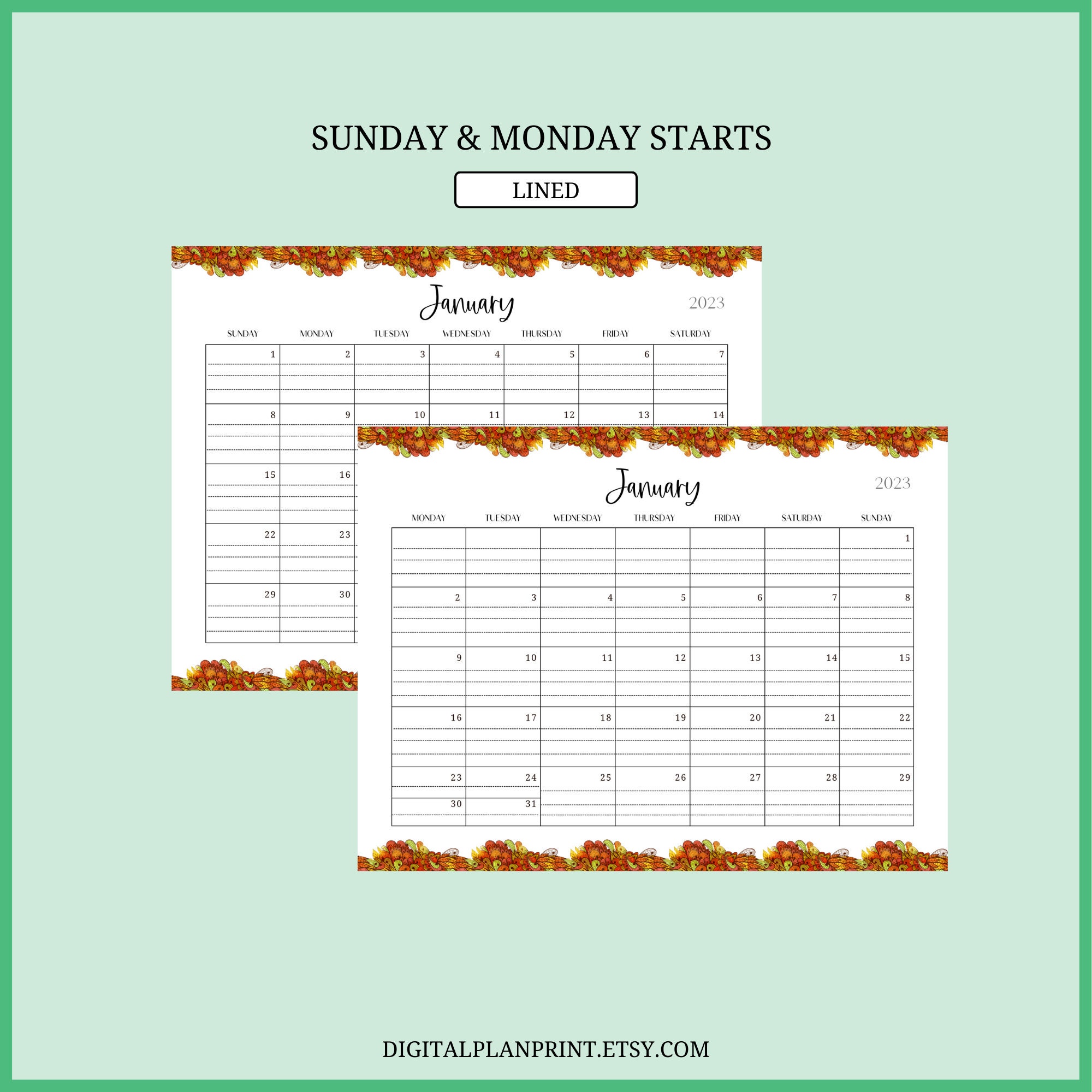 2023 Monthly Calendar,printable, Seamless Pattern Design,pdf,horizontal ...