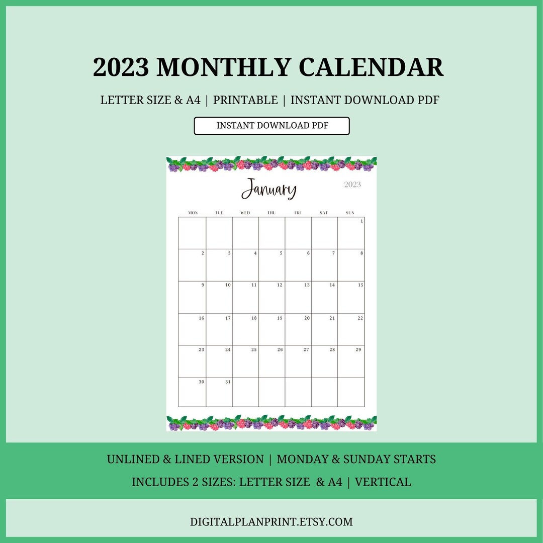 2023 Monthly Calendar,printable , Fruit Pattern Design,pdf, Letter Size ...