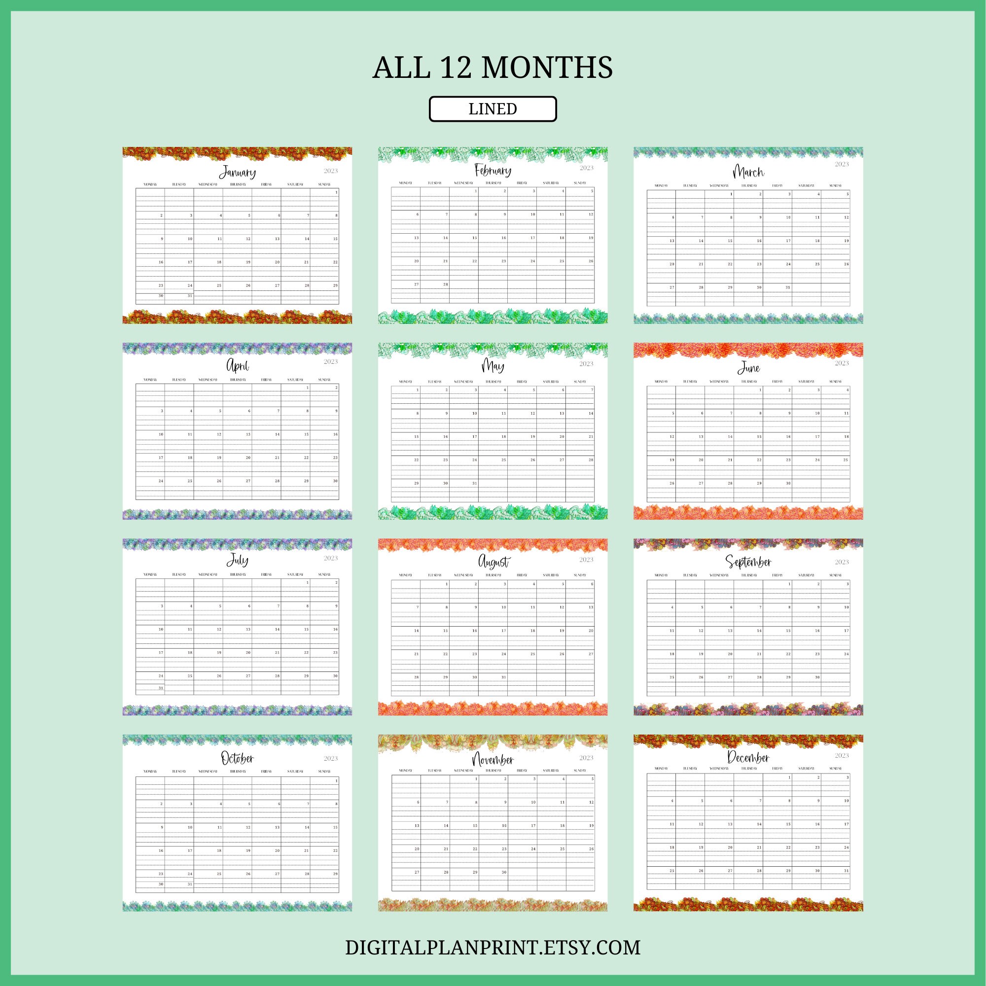 2023 Monthly Calendar,printable, Seamless Pattern Design,pdf,horizontal ...
