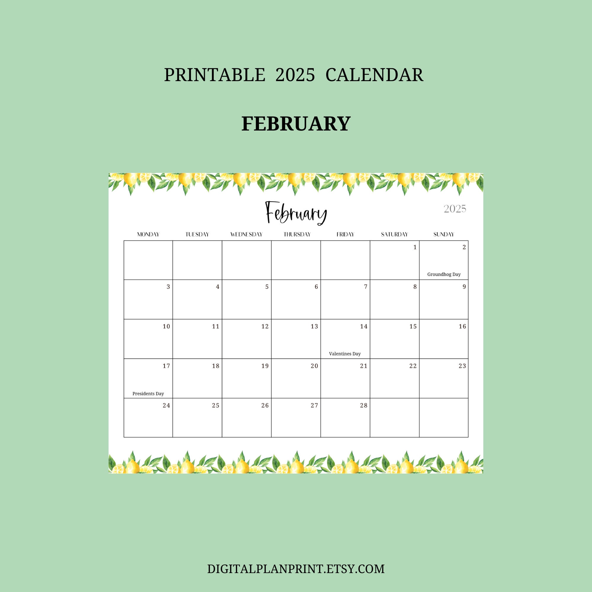 2025 Monthly Calendar With Holidays,printable,lemon Print Design,pdf ...