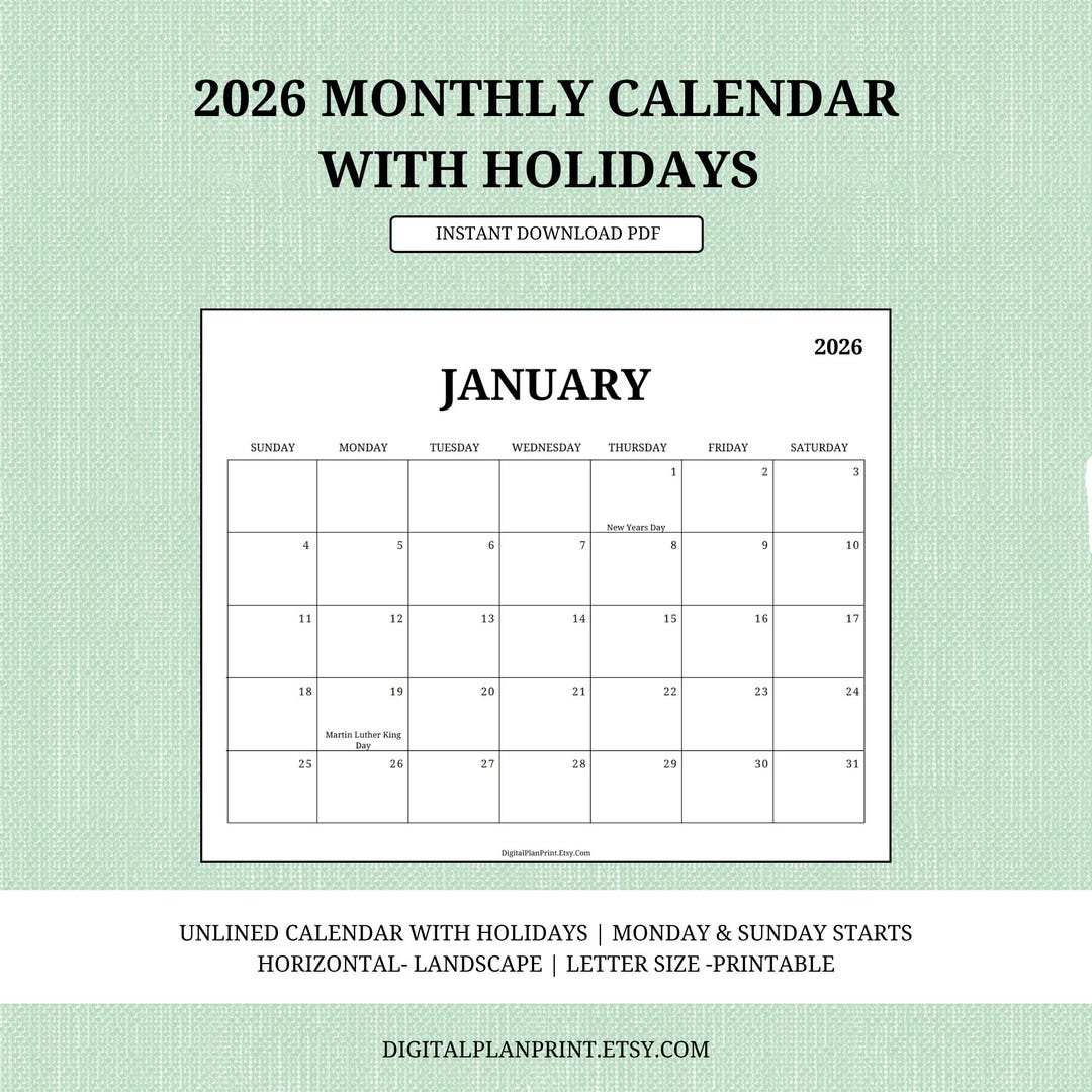 2026 Monthly Calendar With Holidays,printable,simple Black Color Design ...