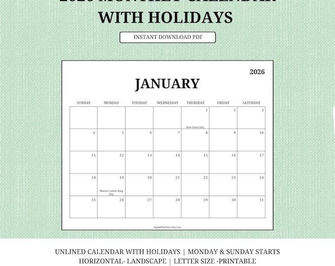 2026 Monthly Calendar With Holidays,printable,simple Black Color Design ...