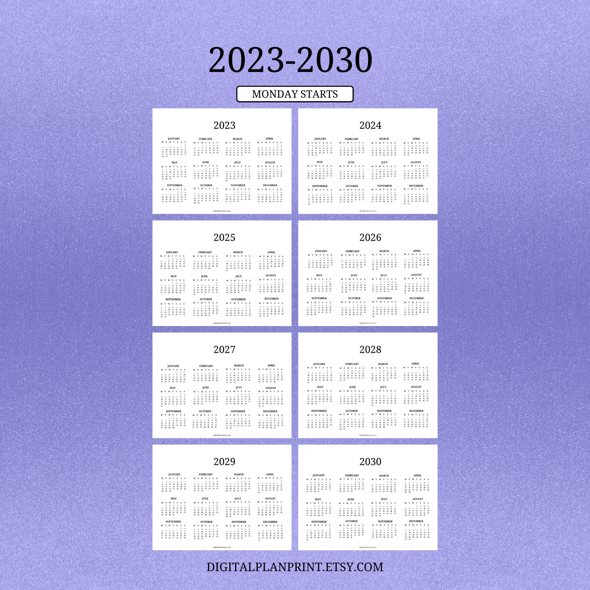 2023-2030 Year Calendars ,printable, Yearly Calendar, Black Color, One ...