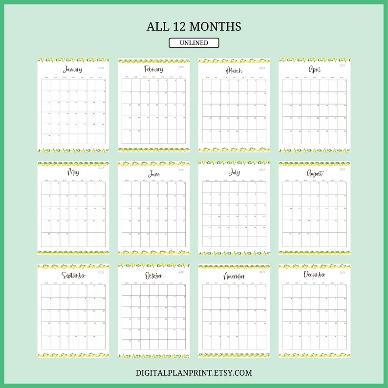2023 Monthly Calendar, Printable , Lemon Pattern ,PDF, Letter Size /A4 ...