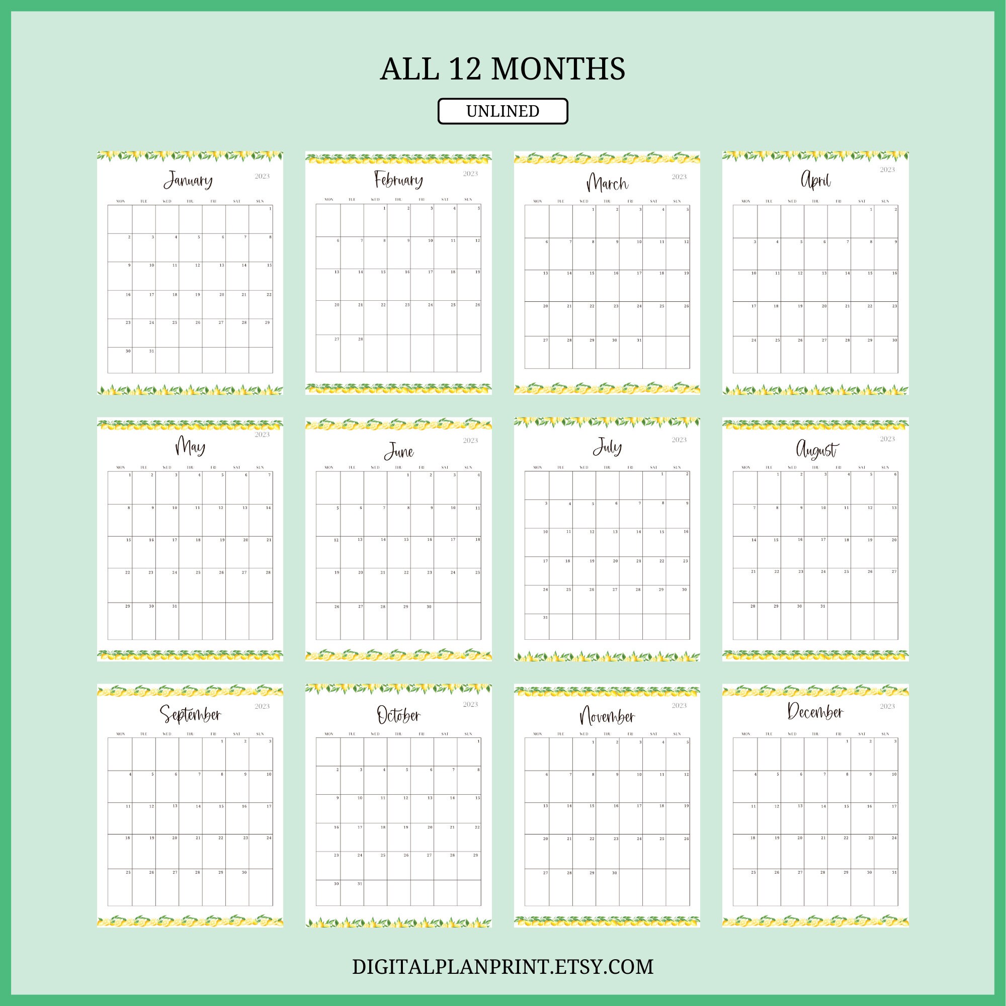 2023 Monthly Calendar, Printable , Lemon Pattern ,PDF, Letter Size /A4 ...
