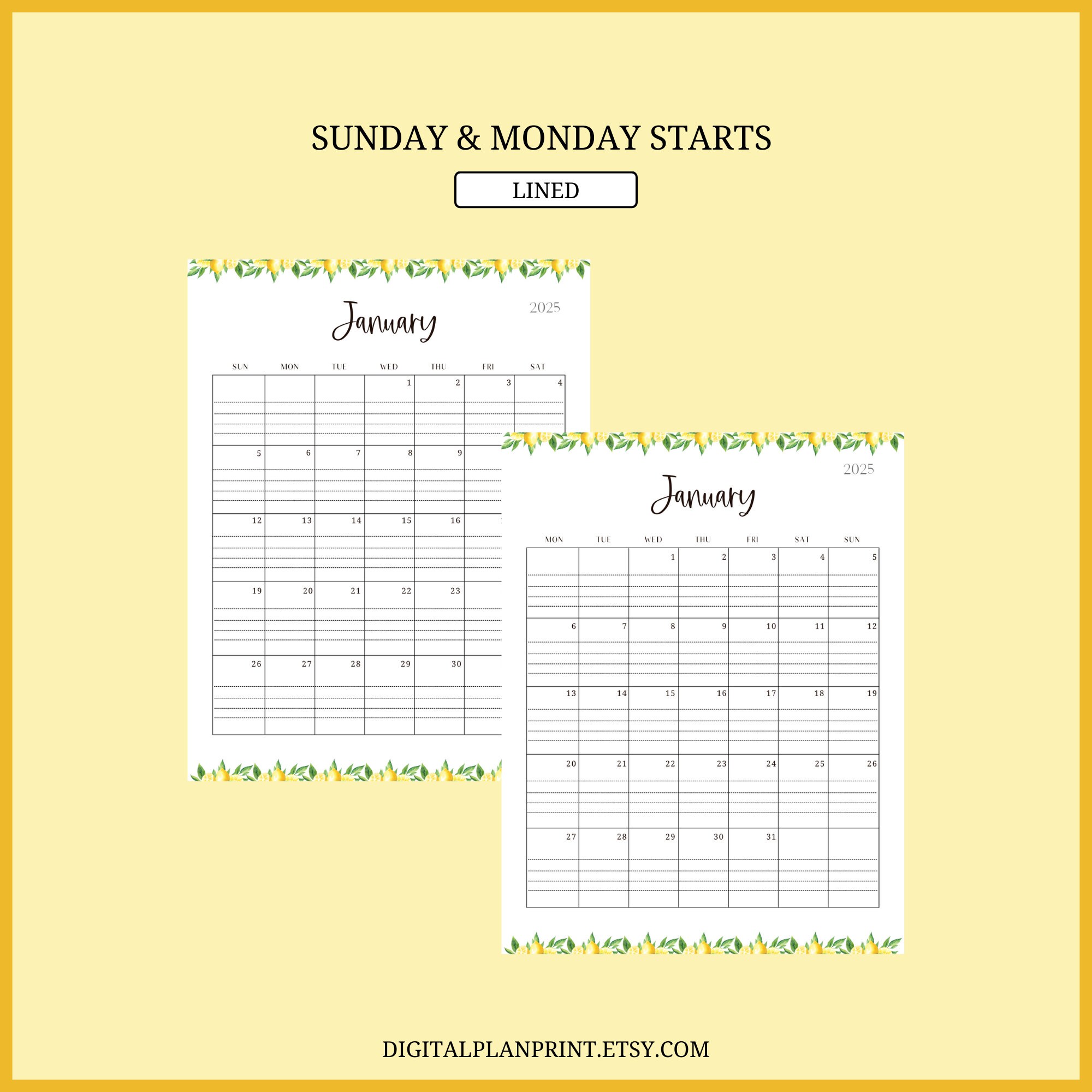 2025 Monthly Calendar,printable ,lemon Pattern,pdf, Letter Size /A4 ...