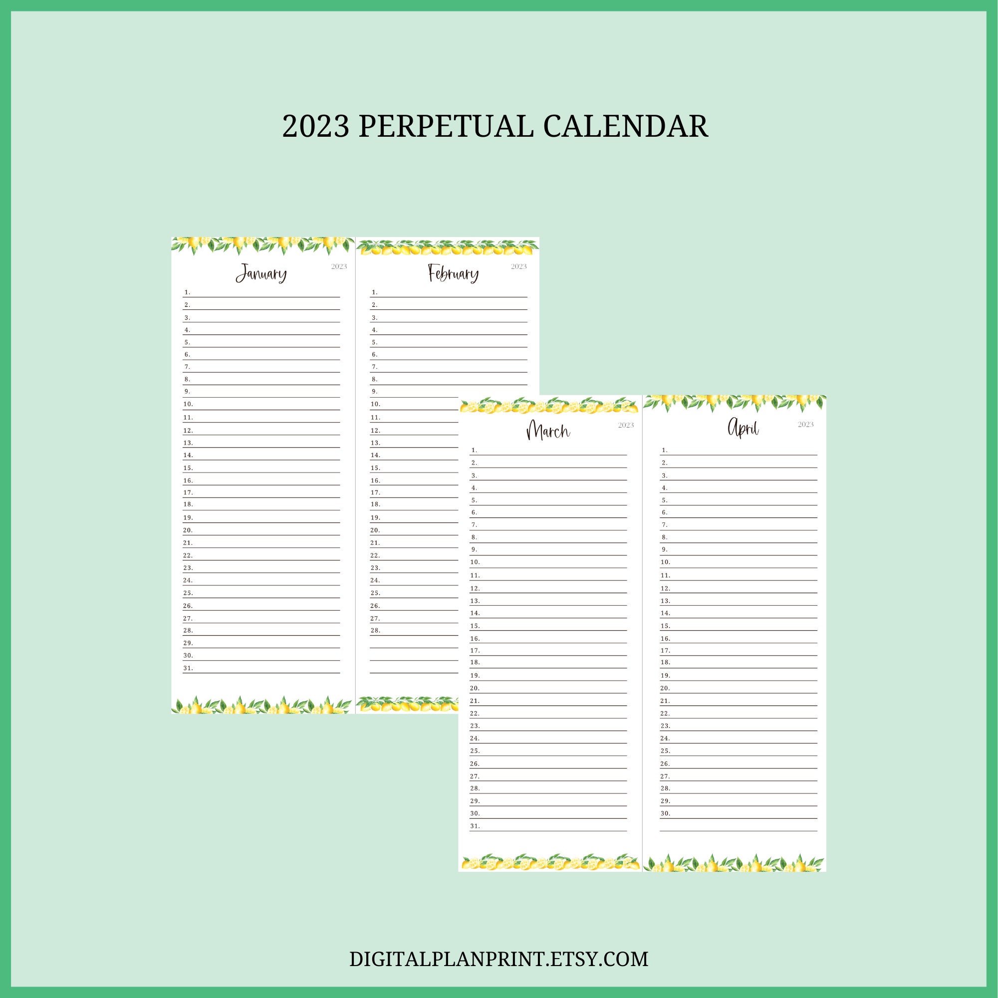 2023 Perpetual Calendar, Printable ,lemon Pattern Design ,PDF, Letter ...