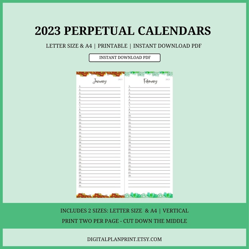 2023 Perpetual Calendar, Printable ,seamless Design ,PDF, Letter Size ...