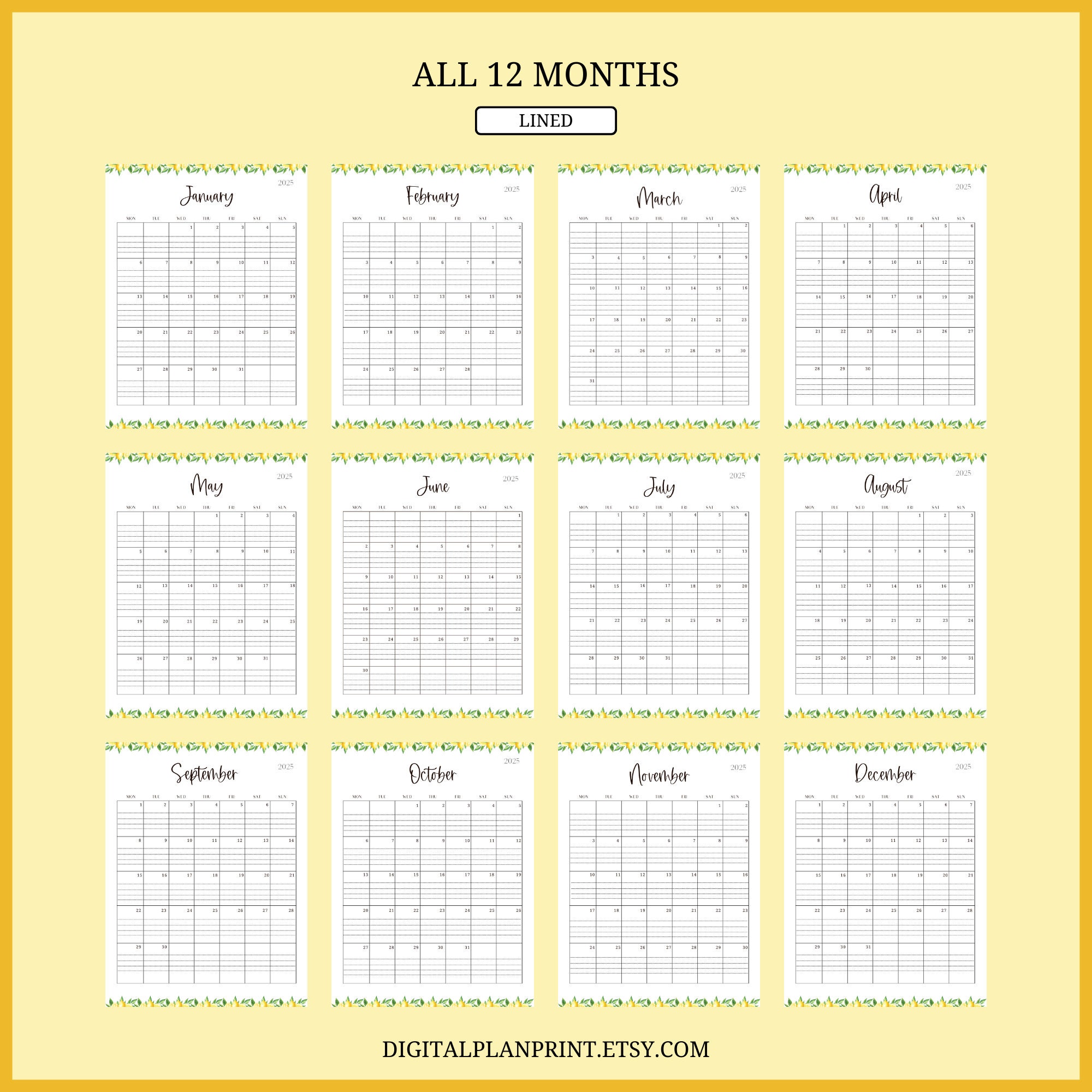 2025 Monthly Calendar,printable ,lemon Pattern,pdf, Letter Size /A4 ...