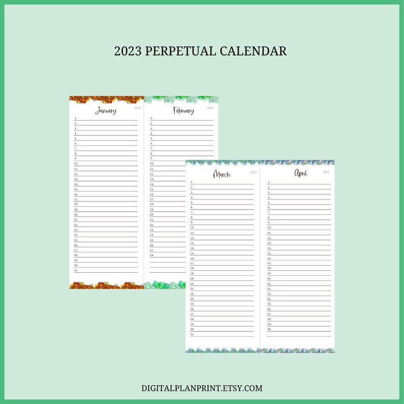 2023 Perpetual Calendar, Printable ,seamless Design ,PDF, Letter Size ...