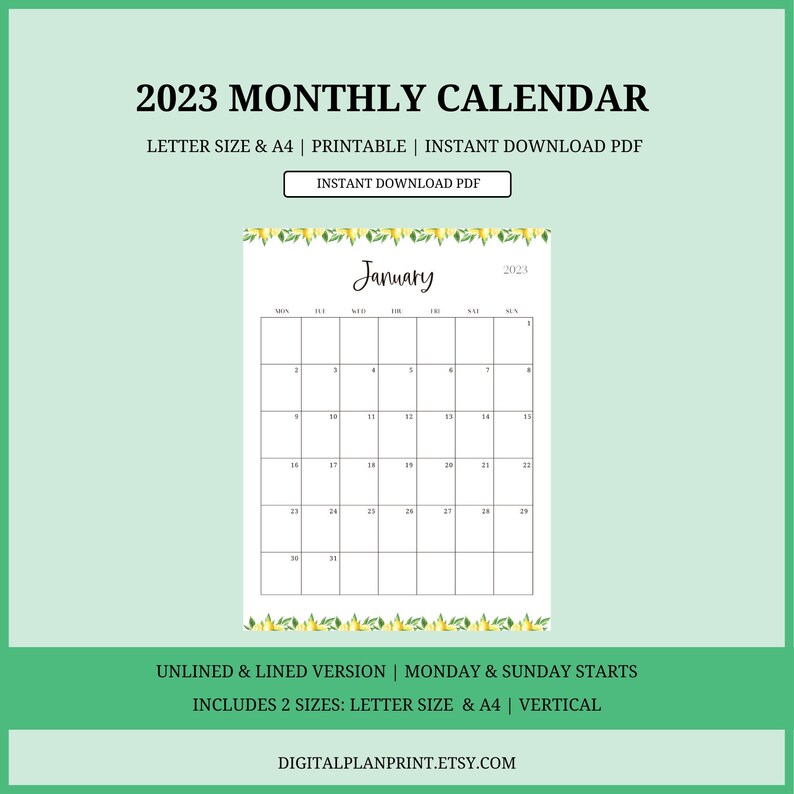 2023 Monthly Calendar, Printable , Lemon Pattern ,PDF, Letter Size /A4 ...