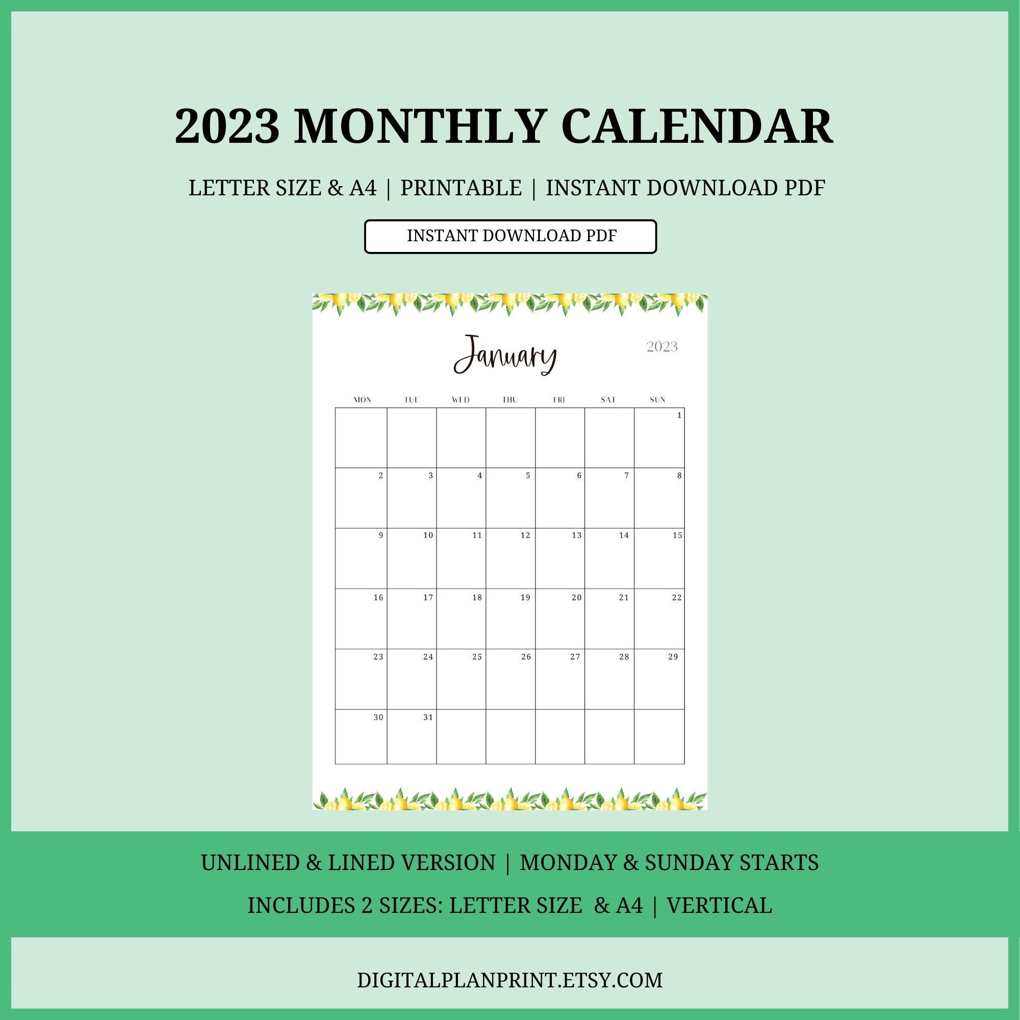 2023 Monthly Calendar, Printable , Lemon Pattern ,PDF, Letter Size /A4 ...