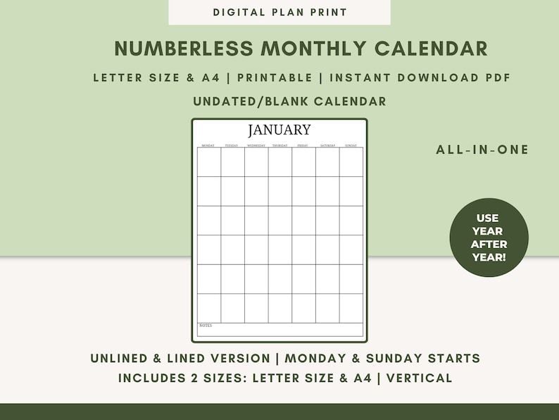 Numberless Monthly Calendar,blank Calendar, Printable ,minimalist ...