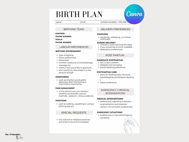 Editable Birth Plan Template Printable Birth Plan Birth Plan Labour and ...