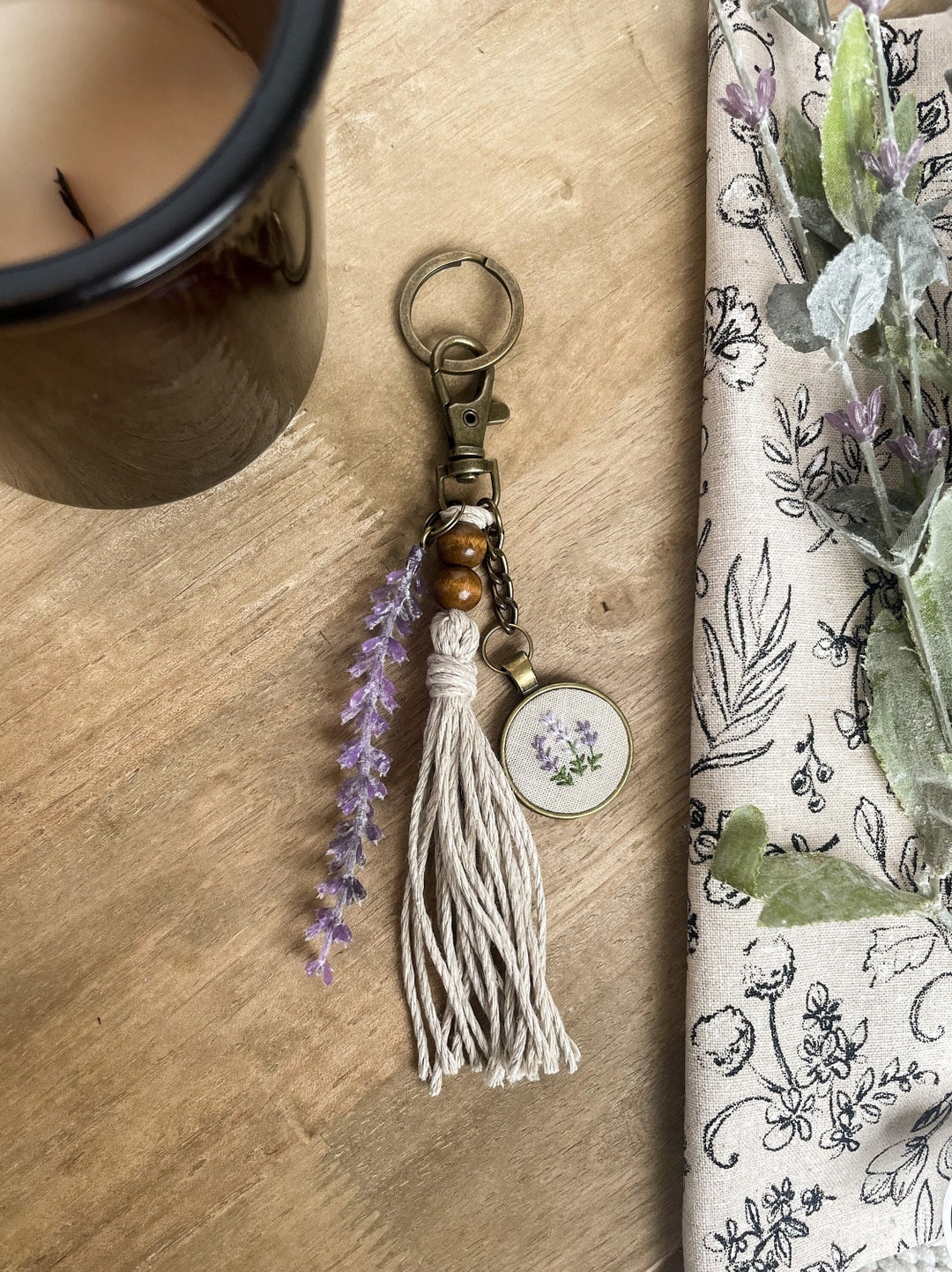 Boho Lavender Embroidery Keychain, Tassel Keychain, Purse Charm With ...