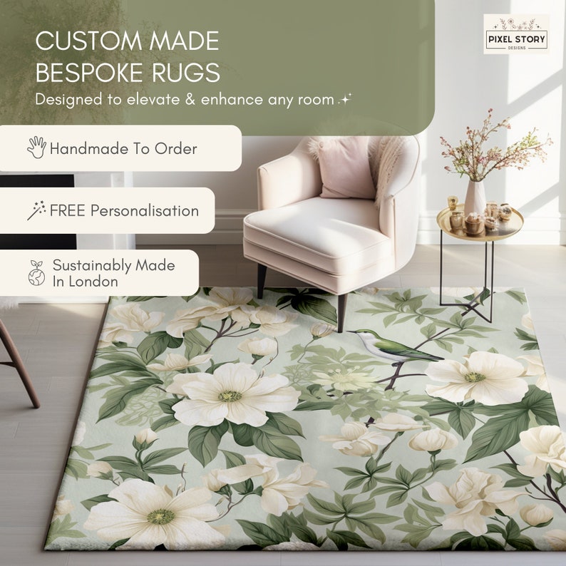 Green Floral Rug for Living Room Rug Floral Botanical Garden Rug for ...