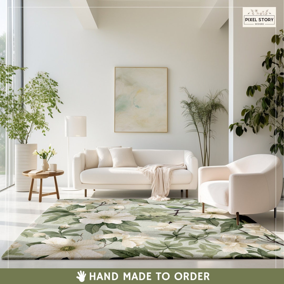 Green Floral Rug for Living Room Rug Floral Botanical Garden Rug for ...