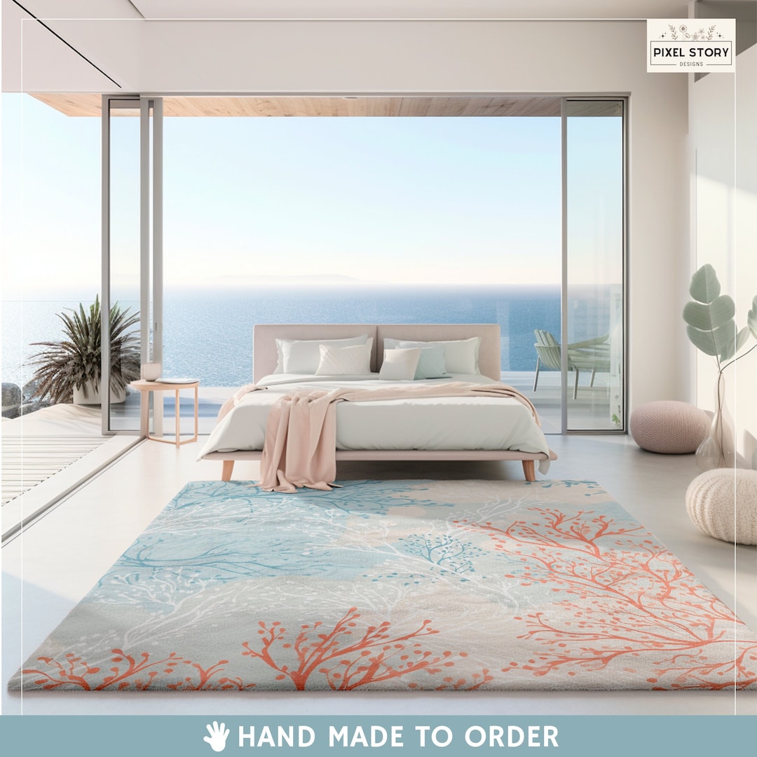Coastal Themed Living Room Rug Blue Orange Area Rug Coral Carpet ...