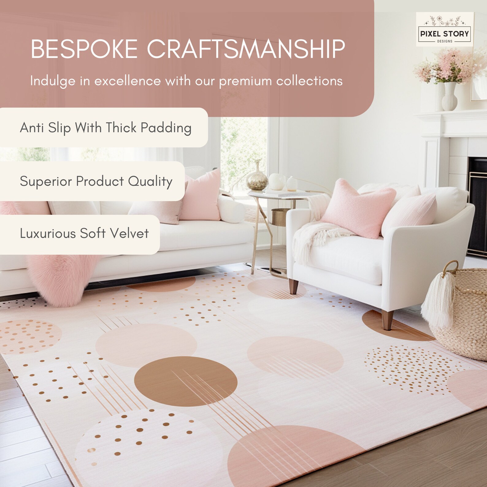 Modern Boho Living Room Rug Geometric Pink Geometric Rug Rose Gold ...