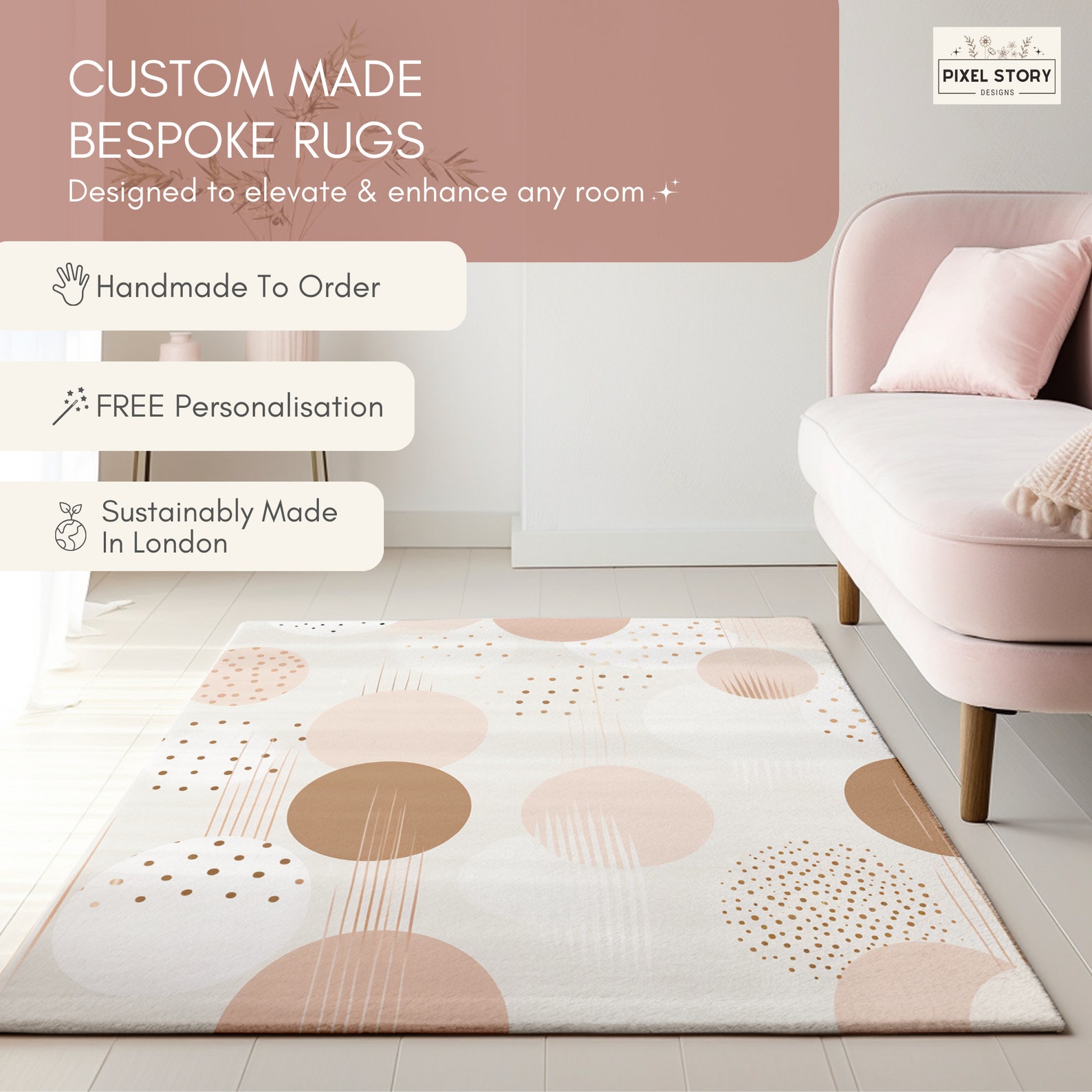 Modern Boho Living Room Rug Geometric Pink Geometric Rug Rose Gold ...