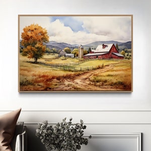 Farm Scene Painting With Red Barn in the Field, Farmhouse Wall Art ...