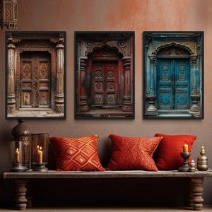 Set of Three Indian Wall Art, Colorful Indian Doors Painting Canvas ...