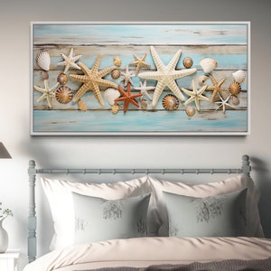 Beach House Wall Art - Starfish and Shells Painting on Blue Wood ...