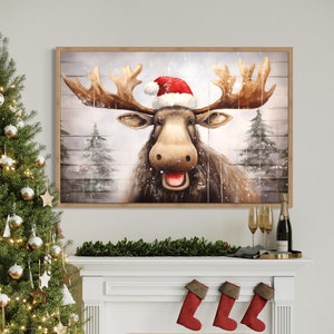 Christmas Wall Art Cute Moose in Santa Hat Rustic Painting on Wood ...