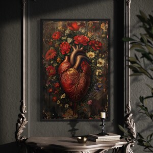 Halloween Wall Art Gothic Human Heart and Flowers Painting, Heart Wall ...