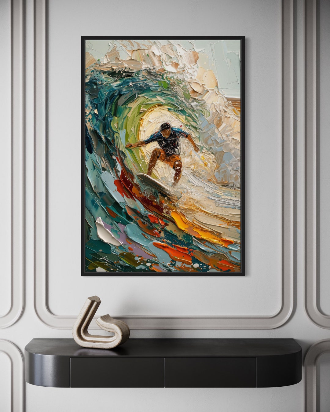 Surfer Riding A Wave Wall Art, Surfing Abstract Colorful Painting ...