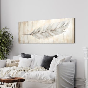Rustic Horizontal Wall Art, Above Bed Decor White Feather Painting on ...