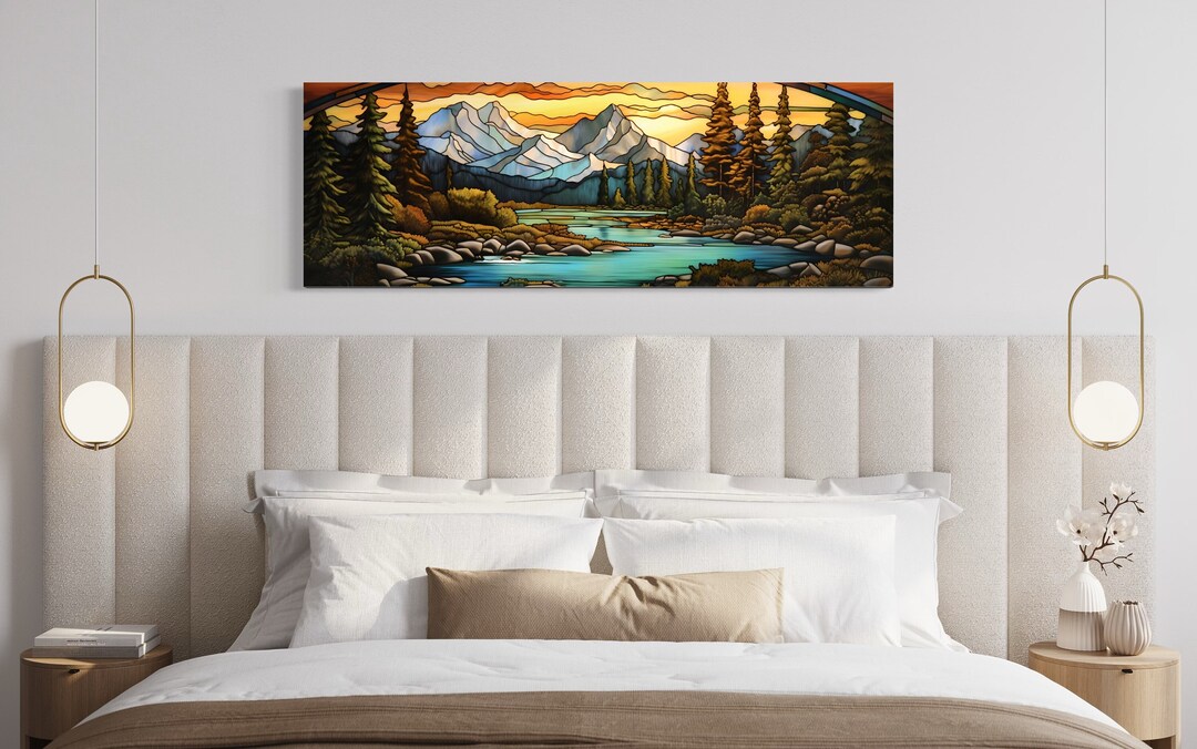 Mountain River Landscape Stained Glass Style Painting Printed on Canvas ...