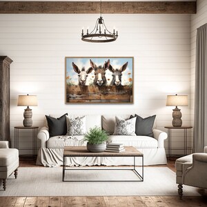 Farmhouse Wall Art Three Funny Donkeys Looking Through Wooden Fence Painting Canvas PRINT ...
