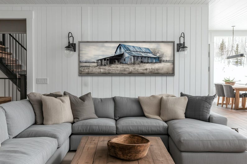 Old Blue Barn Painting Canvas Print Panoramic Horizontal Over Bed Wall ...