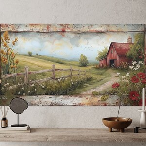 Rustic Farm Wall Art - Old Red Barn Field Landscape Painting Canvas ...