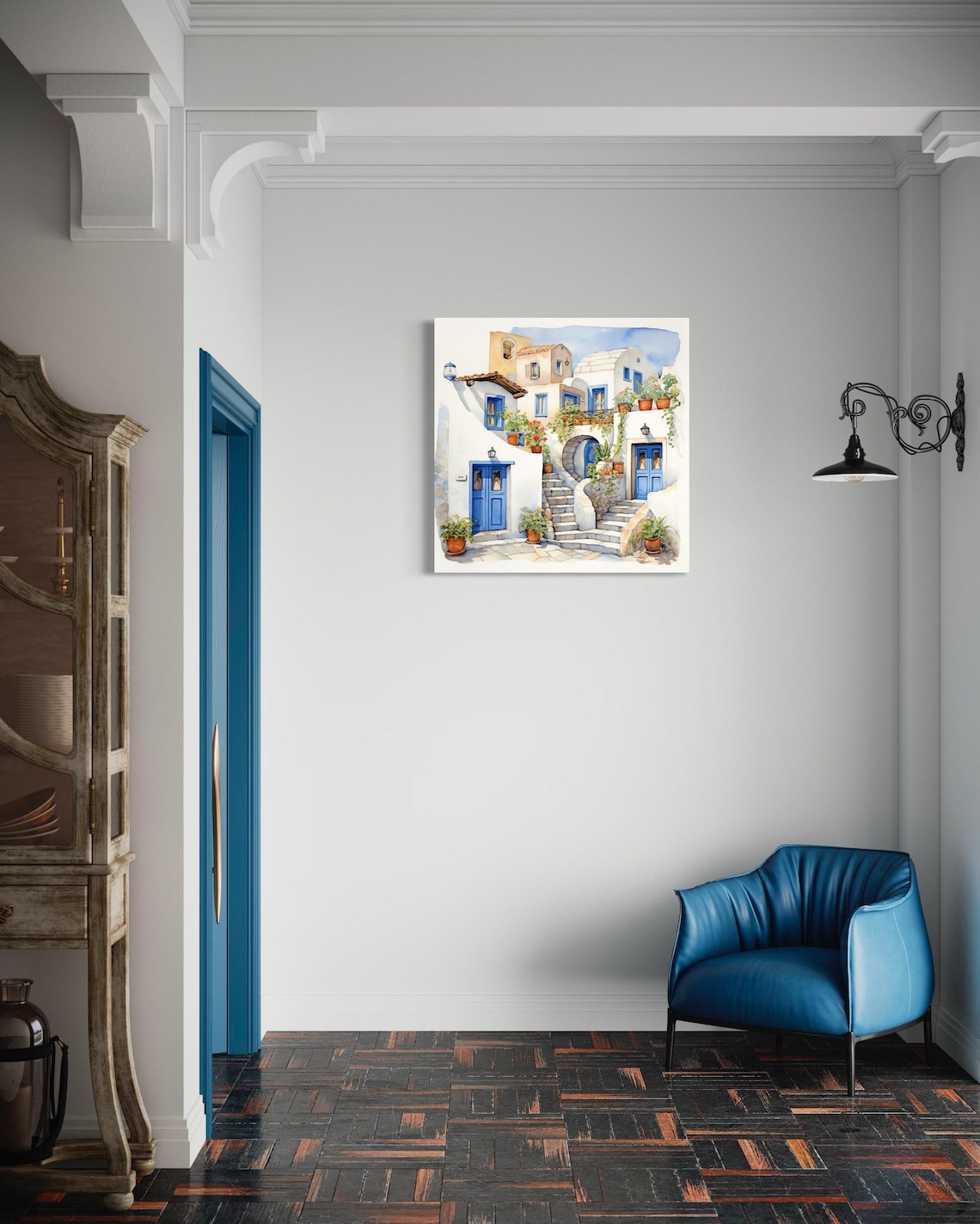 Greek Houses Wall Art, Santorini Greece Watercolor Painting Canvas ...